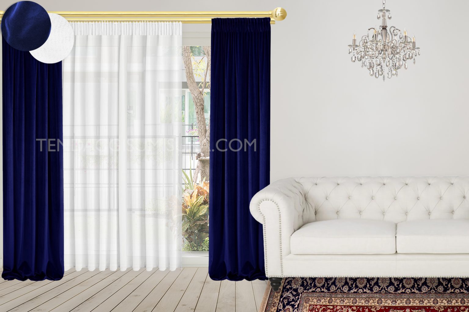 Tende calate laterali in velluto blu o giallo ocra su misura | Tendaggi su MisuraTendaggi su Misura